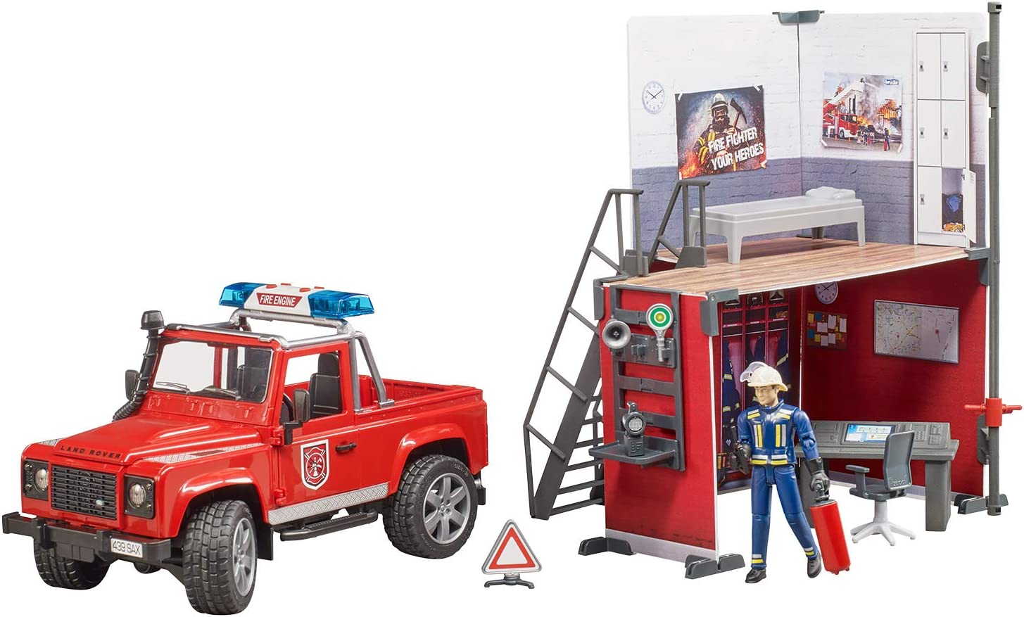 Bruder Firestation with Land Rover, bworld Fireman and Accessories
